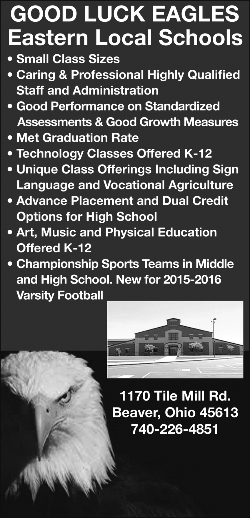 Good Luck Eagles, Eastern Local Schools, Beaver, OH
