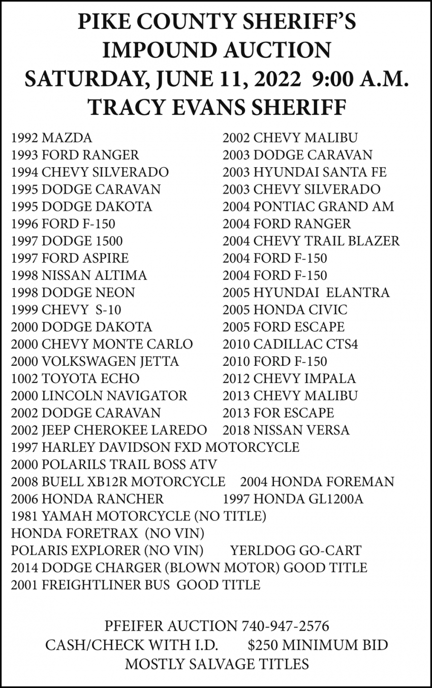 Impound Auction, Pfeifer Auction, Piketon, OH