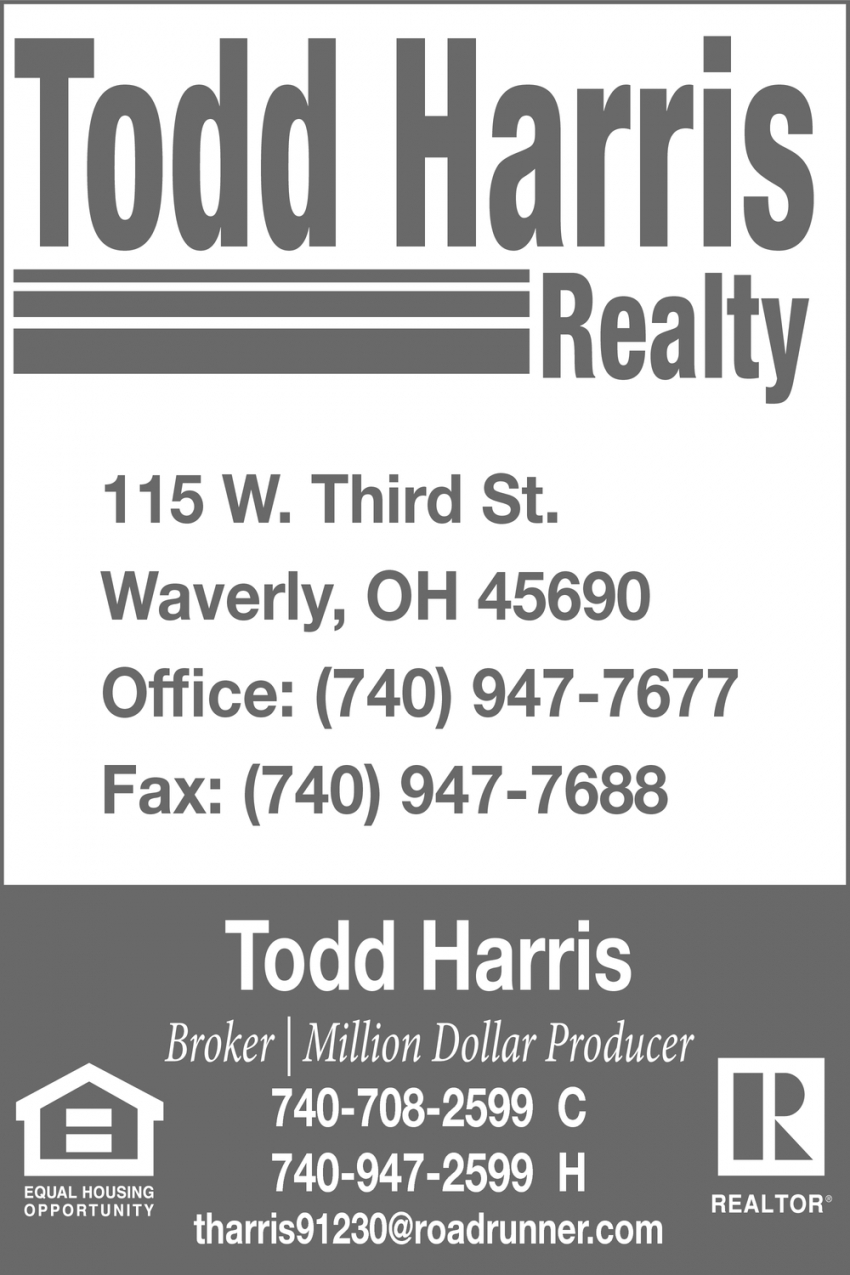 Broker, Million Dollar Producer, Todd Harris Realty, Waverly, OH
